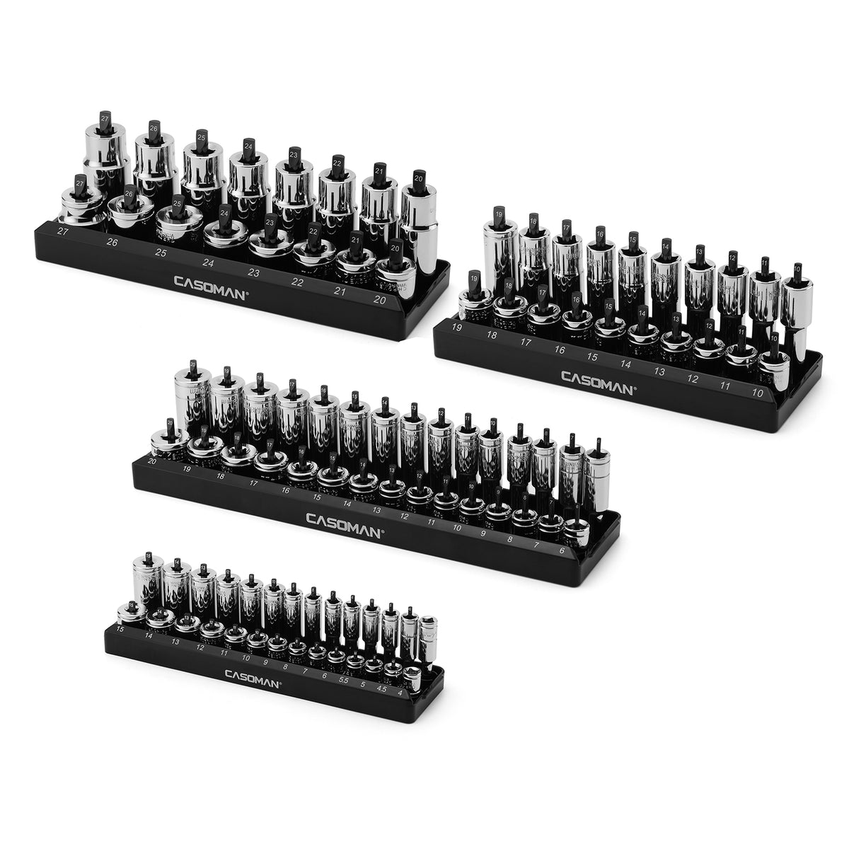 CASOMAN 4PCS Socket Tray Set, Metric, 1/2" & 3/8" & 1/4"Drive, Black S ...
