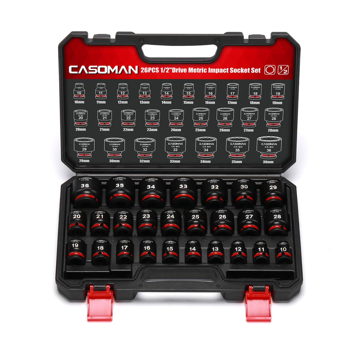 CASOMAN 26-Pieces 1/2" Drive Standard Impact Socket Set, 12-Point, Met ...